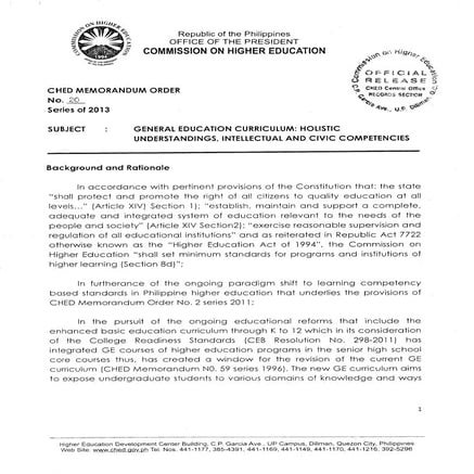 CHEd Memorandum Order No. 20 s2013 - General Education Curriculum | PDF