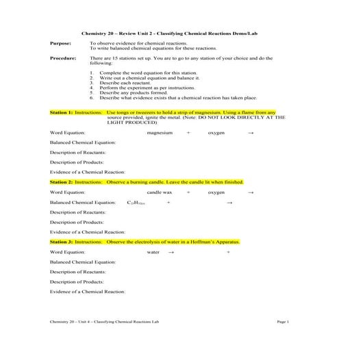 Chem 20 Unit 4 Classifying Chemical Reactions Demo | DOC | Mechanical ...