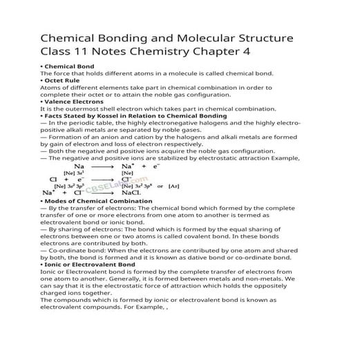 Chemical Bonding and Molecular Structure Class 11 Notes Chemistry ...