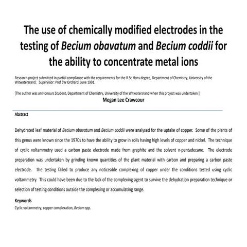 The use of chemically modified electrodes in the testing of two Becium ...