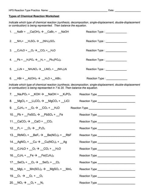Chemical Reaction & equations quiz sheet | PPT