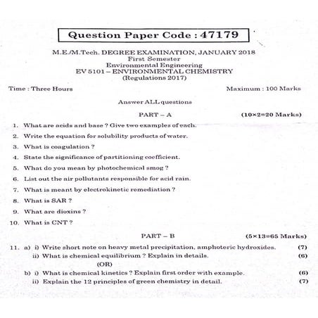 EV5101- Environmental Chemistry-previous year question paper | PDF