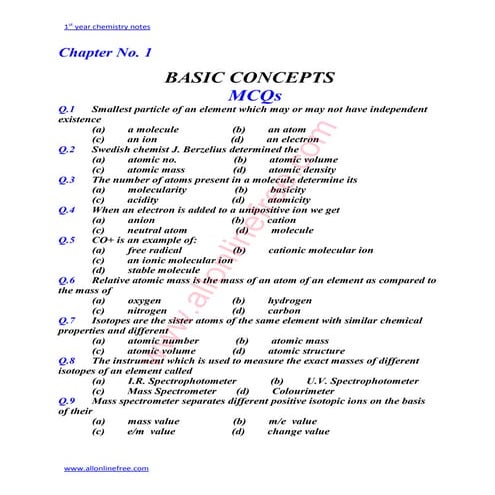 Chemistry Fsc Part 1 All chapter MCQs | PDF