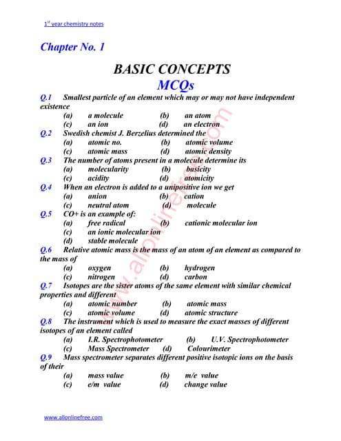 First Year Chemistry_Full Book Exercise Mcqs Solved | PDF
