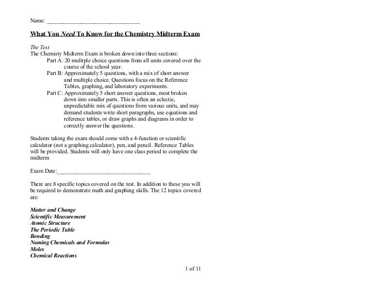 Chemistry - Midterm Study Guide 2011