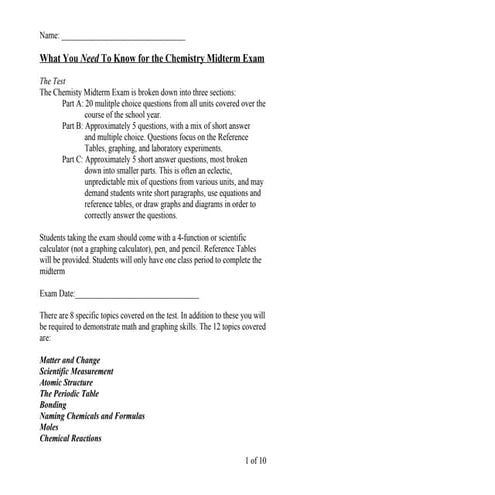Chemistry - Midterm Study Guide 2011 | DOC