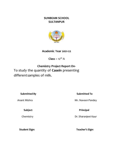 investigatory project casein Chemistry final | PPTX | Chemistry | Science
