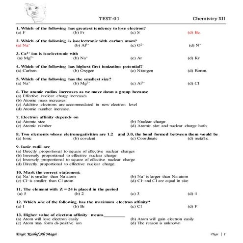 Chemistry xii test 1 | DOCX | Chemistry | Science