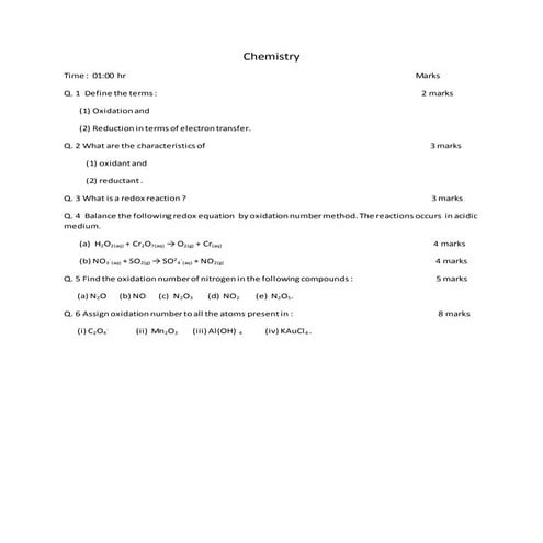Chemistry xi question paper | DOCX | Chemistry | Science