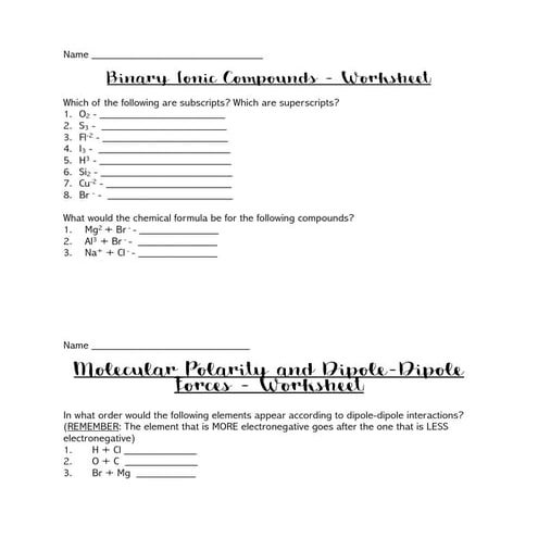 Binary Ionic Compounds and Molecular Polarity - Worksheets | PDF