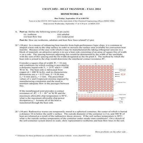 CH EN 3453 Heat Transfer 2014 Fall Utah Homework HW 04 Assignment | PDF