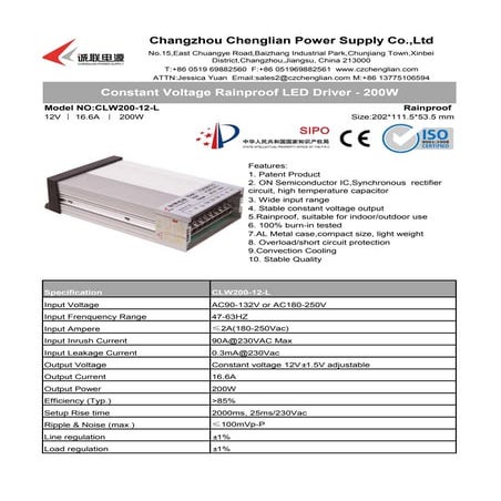 Chenglian ip63-rainproof-power-supply-200 w-12v | PDF