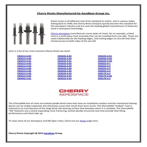 Cherry Rivets Manufactured by AeroBase Group Inc. | DOC
