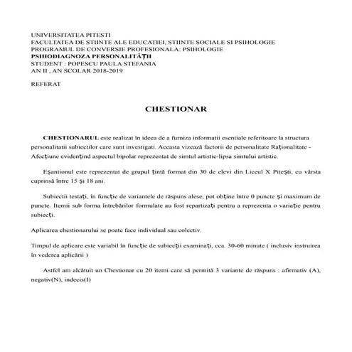 Chestionar 2 inteligentele multiple | DOC