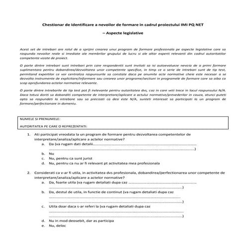 Chestionar nevoi de formare aspecte legislative | DOCX