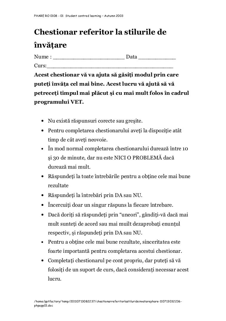 Chestionar referitor la stiluri de invatare phare