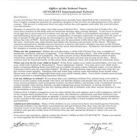 Chicken pox and Shingles: Letter to Parents | PDF