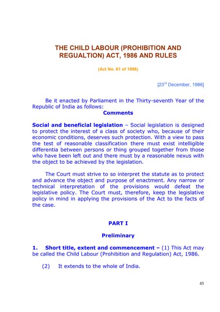 The child labour (prohibition and regulation) act, 1986 | PDF
