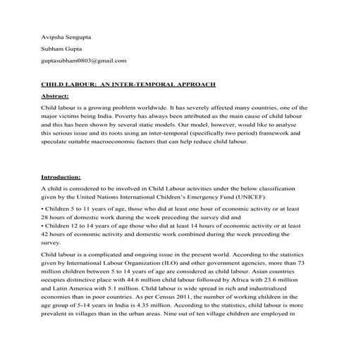 Child Labour: An Inter-temporal Approach | PDF