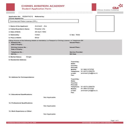 Chimes Aviation Academy Admission Application Form | PDF