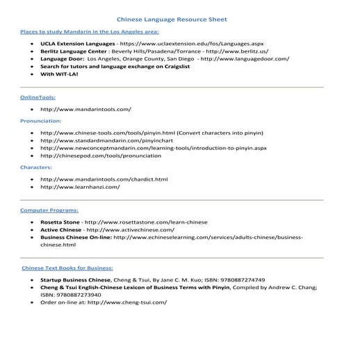 Chinese Language Resource Sheet | PDF