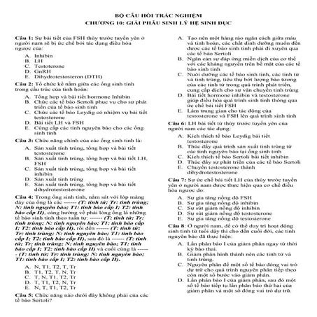 CHƯƠNG 10 SINH DỤC- trắc nghiệm giải phẫu sinh lý. | PDF