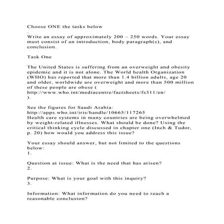 Choose ONE the tasks below. Write an essay of approximately 200 .docx