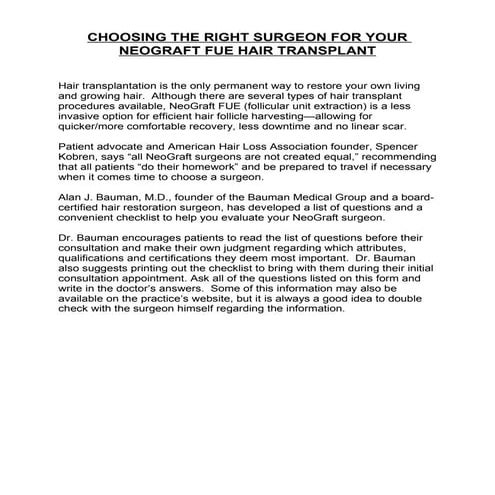 Choosing A Neograft Surgeon Qs+Checklist | PDF