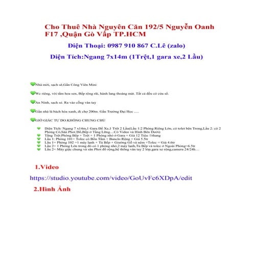 Cho Thuê Phòng Trọ Full Nội Thất 192/5 Nguyễn Oanh F8 | PDF