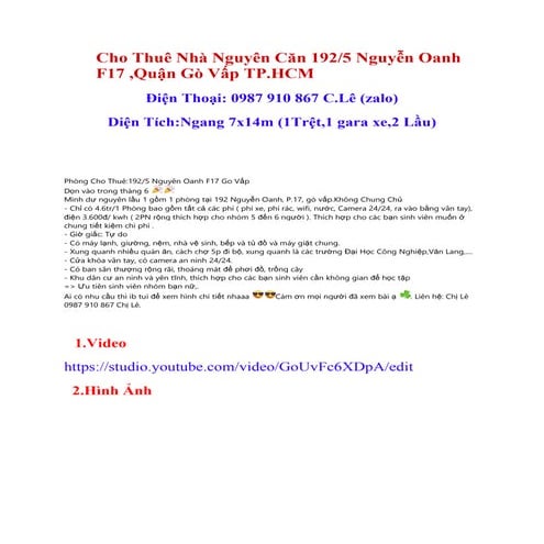 Cho Thuê Nhà Trọ 192 Nguyễn Oanh Phường 3 Giá Rẻ | PDF