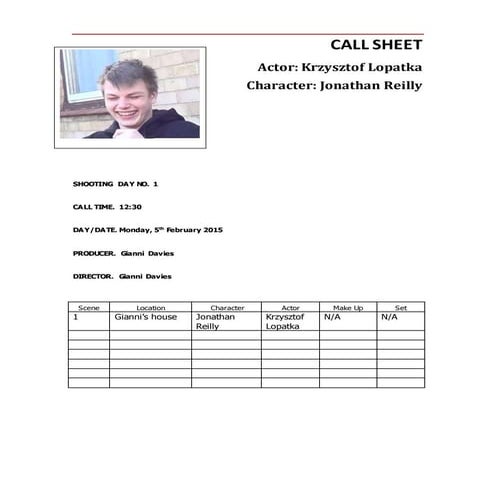 Chris' call sheet | DOCX