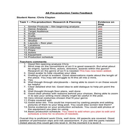 Pre-Production tasks feedback sheet | DOCX