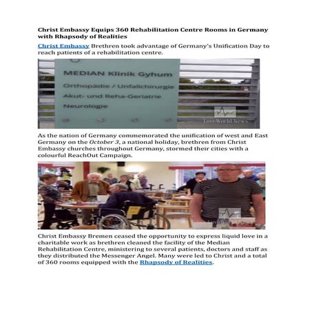 Christ Embassy Equips 360 Rehabilitation Centre Rooms in Germany with ...