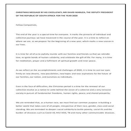 Christmas Speech 2020 by Deputy President David Mabuza | DOCX