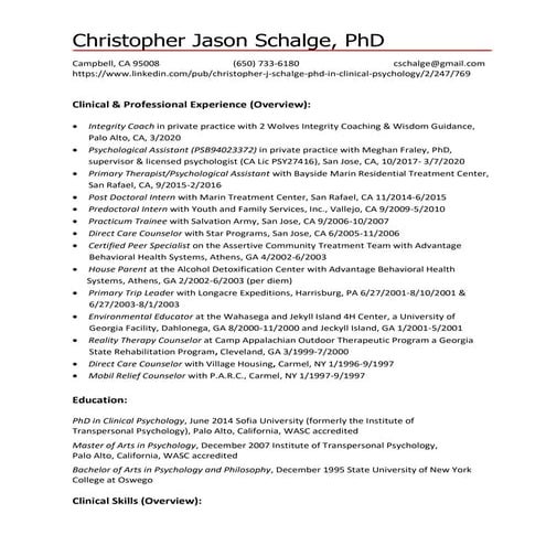 Christopher J. Schalge, PhD curriculum vitae, last updated 5.13.2020