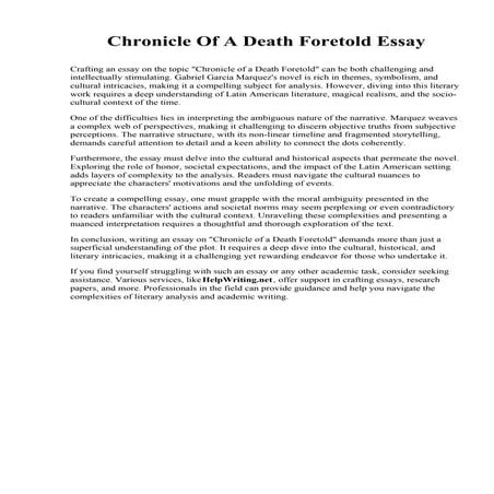Chronicle Of A Death Foretold Essay. Montefiore School of Nursing | PDF