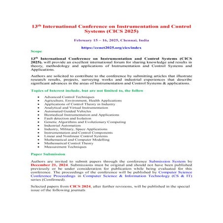 13 th International Conference on Instrumentation and Control Systems ...