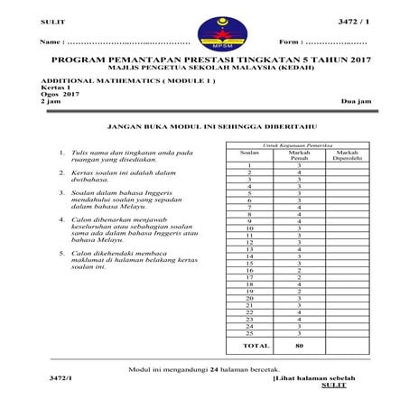 Kertas Percubaan SPM Kedah add-maths P1 2017 | PDF
