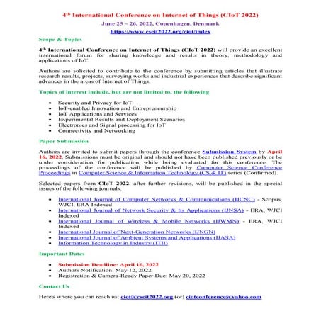 4th International Conference on Internet of Things (CIoT 2022) | PDF