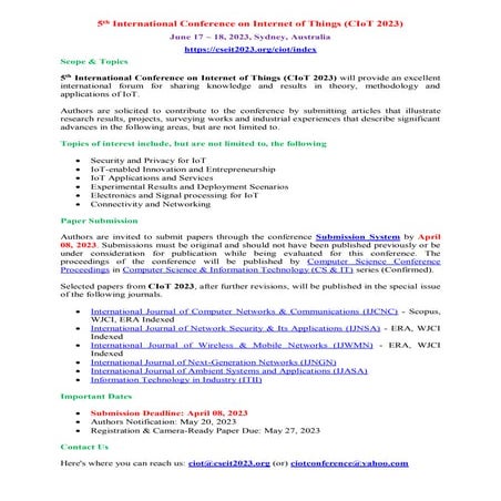 5th International Conference on Internet of Things (CIoT 2023) | PDF
