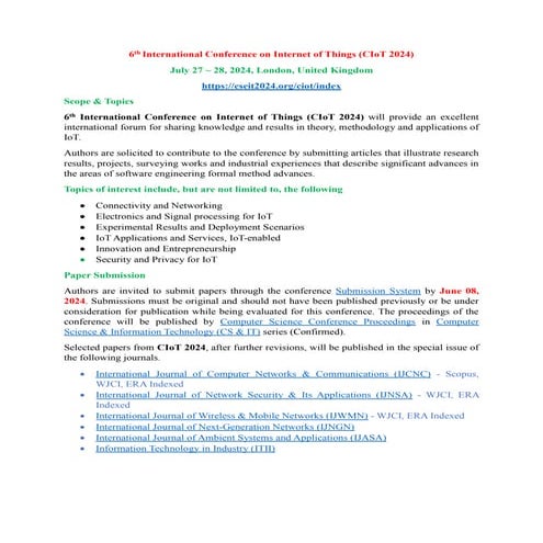 6th International Conference on Internet of Things (CIoT 2024)- July 27 ...