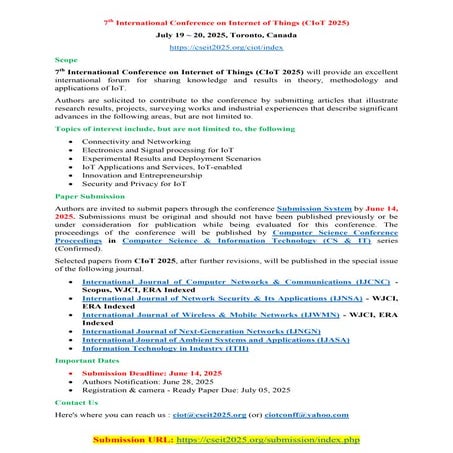 7th International Conference on Internet of Things (CIoT 2025) | PDF
