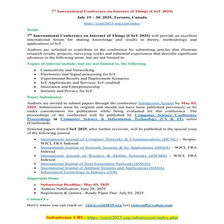 Call For Papers-7th International Conference on Internet of Things (CIoT 2025) | PDF