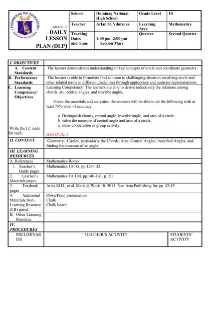 Detailed lesson plan in mathematics 7 (circles) | DOCX