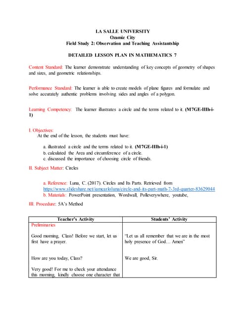 Detailed lesson plan in mathematics 7 (circles) | DOCX