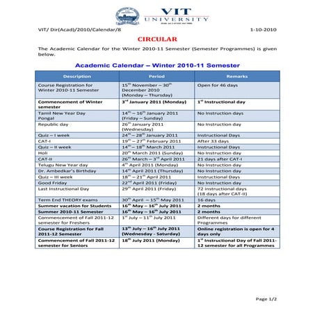Circular on academic calendar for winter 2010 11 semester | PDF