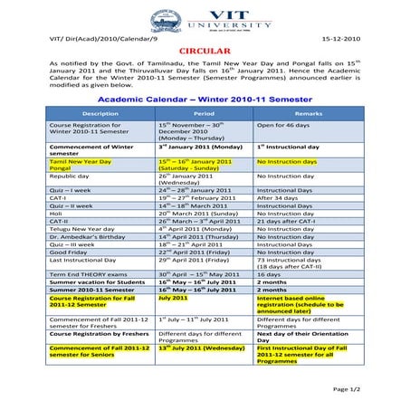 Circular on academic calendar for winter 2010 11 semester | PDF
