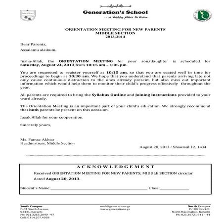 Orientation Meeting Circular for Class VII Parents and New Parents | DOCX