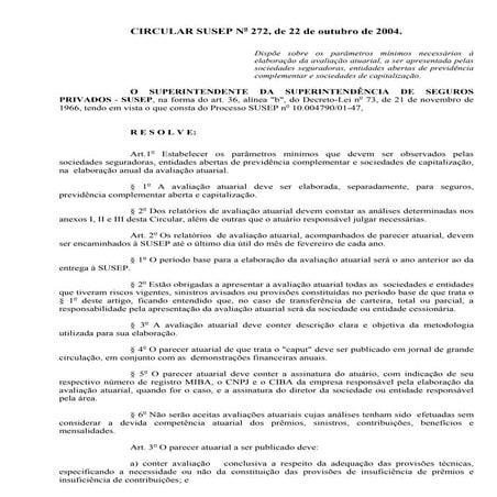 Circular SUSEP 272 - parâmetros mínimos para a elaboração de avaliação ...