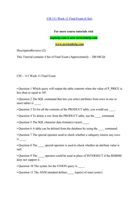 Cis 111 Week 11 Final Exam 4 Set Pdf Databases Computer